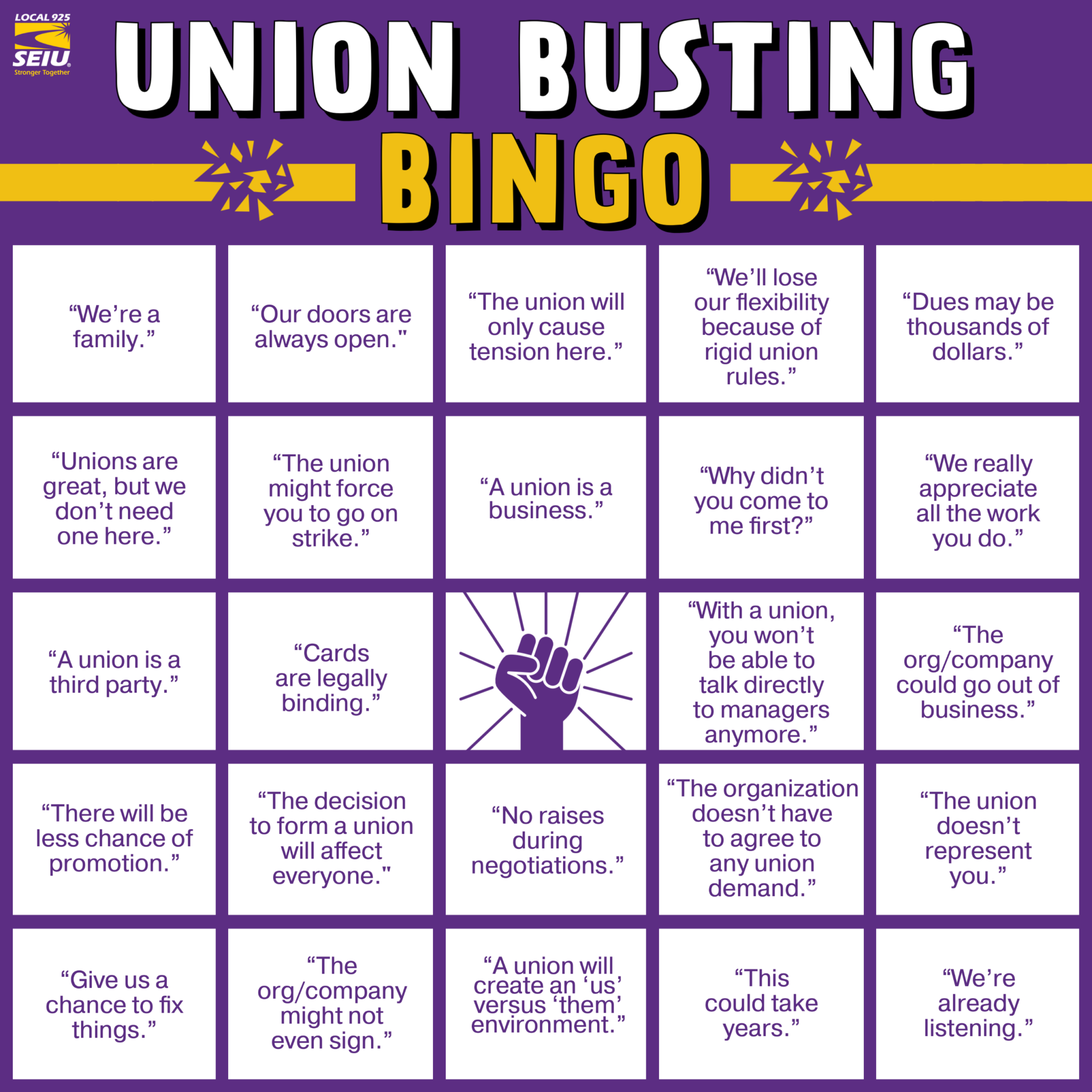 Union Busting Bingo - SEIU Local 925